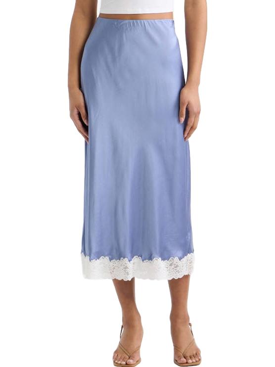 LOVESHACKFANCY LoveShackFancy Janella Silk Blend Midi Skirt with Lace Trim